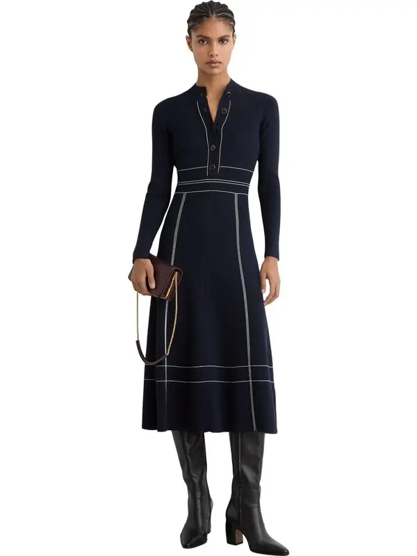 REISS Contrast-stitch Knitted Midi Dress - Navy