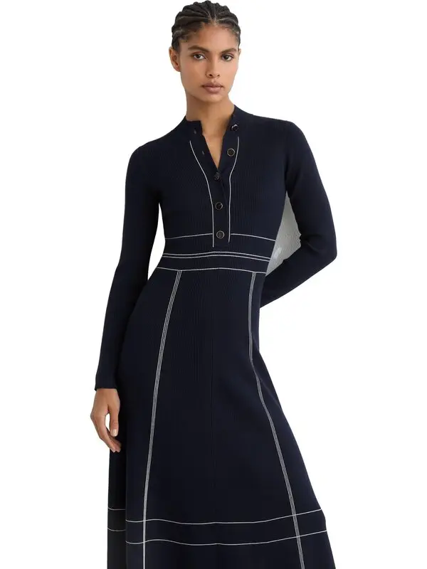 REISS Contrast-stitch Knitted Midi Dress - Navy