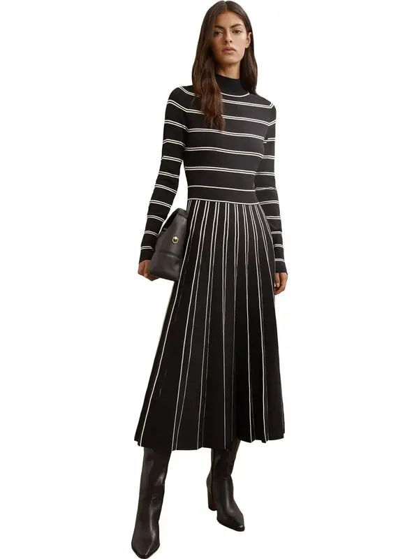 REISS Striped Pleated Knitted Midi Dress - Black/ivory