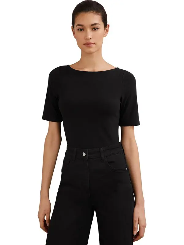 REISS Ellie Stretch-cotton Boat-neck Top - Black