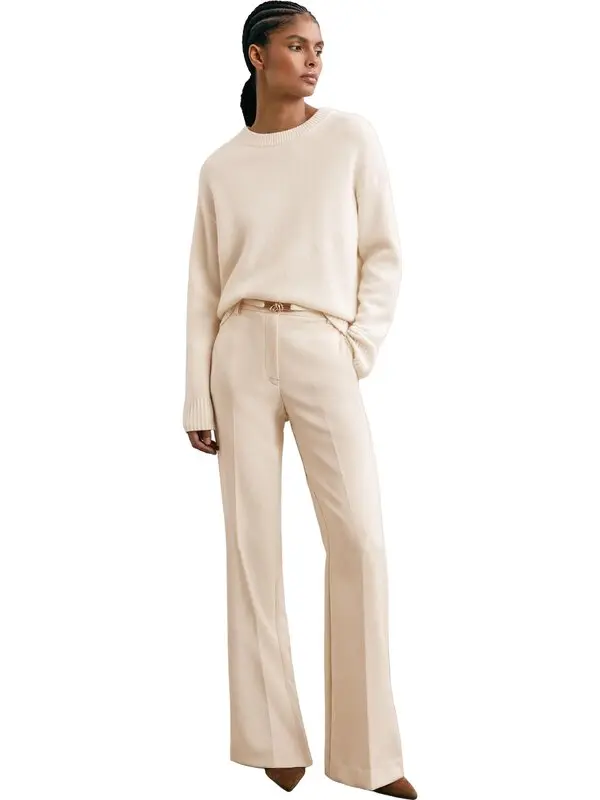 REISS Leona Flared Belted Trousers - Cream
