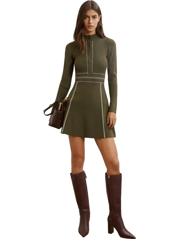 REISS Alex Contrast-stitch Knitted Mini Dress - Khaki Green