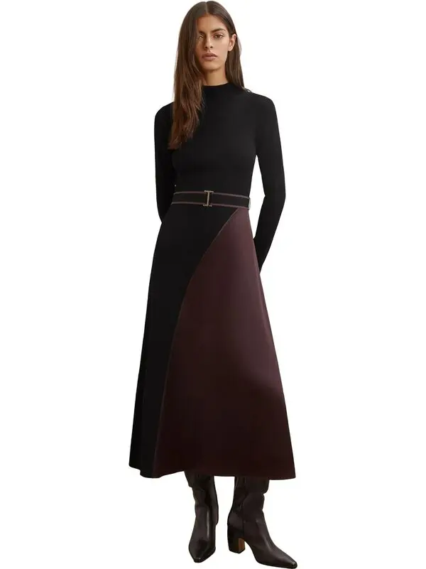REISS Colour-block Knitted Midi Dress - Black/burgundy