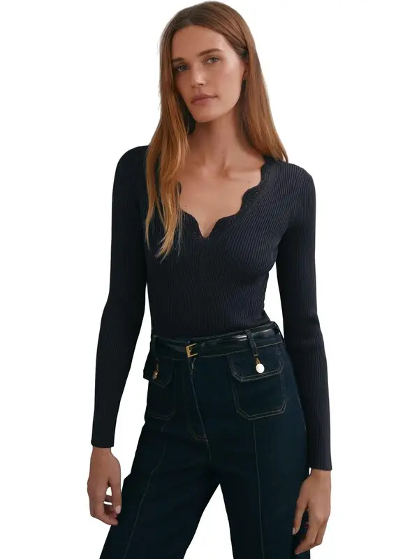 REISS Lara Crochet-trim Rib-knit Top - Navy