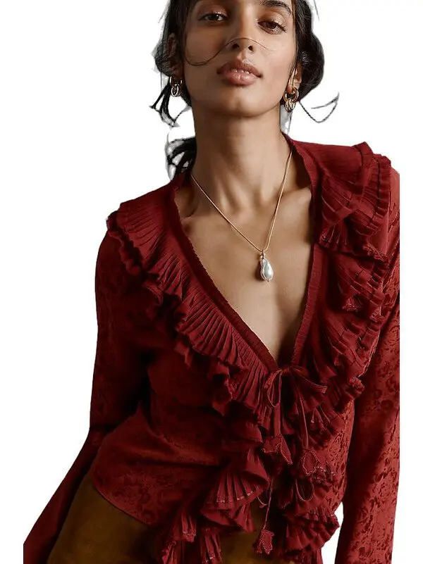 EN SAISON Annalis Ruffled Long-sleeve Blouse - Deep Crimson