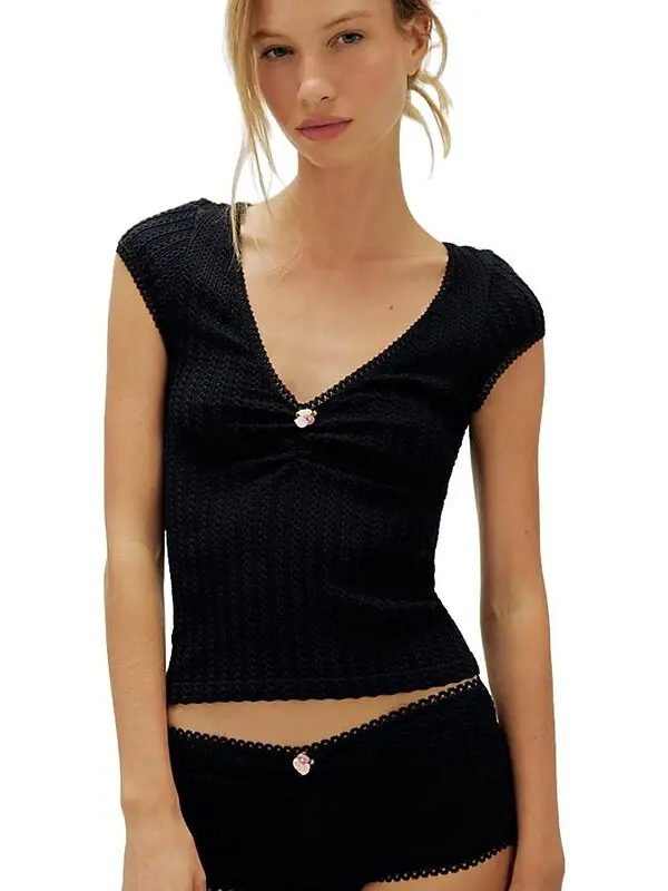 Free People Ella Cable Knit Seamless Tee - Black