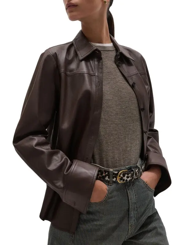 ME+EM Luxe Straight Leather Shirt - Chocolate