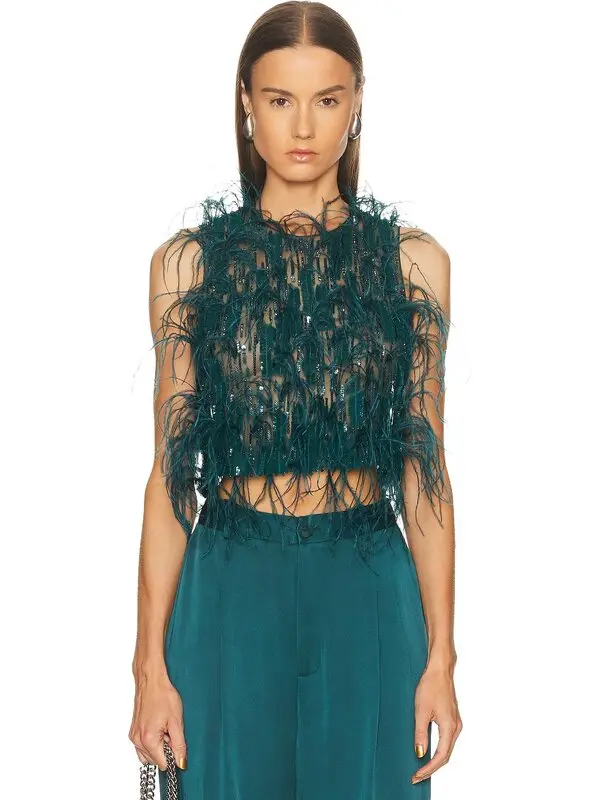 Lapointe Cascading Feather Embellished Cropped Tank Top - Dark Teal