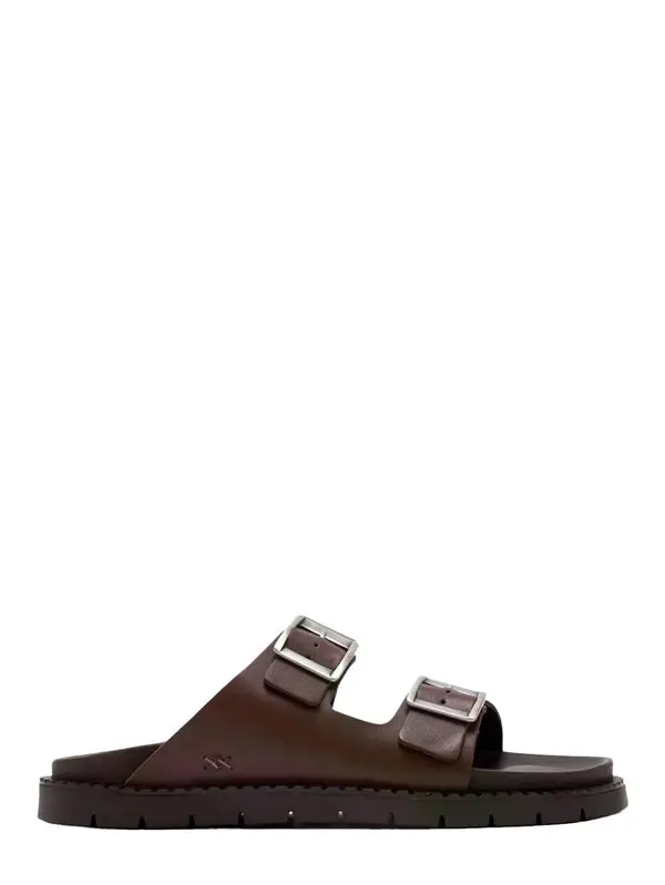 FORSA Curtis Buckle Leather Slides - Brown