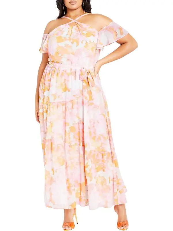 City Chic Vera Cold Shoulder Maxi Dress - Yellow/pink Print