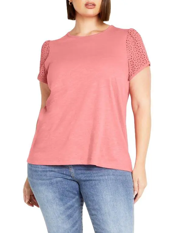 City Chic Linny Eyelet Puff Sleeve Cotton Top - Pink