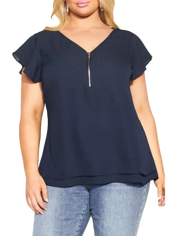 City Chic Florrie Zip Flutter Sleeve Top - Navy