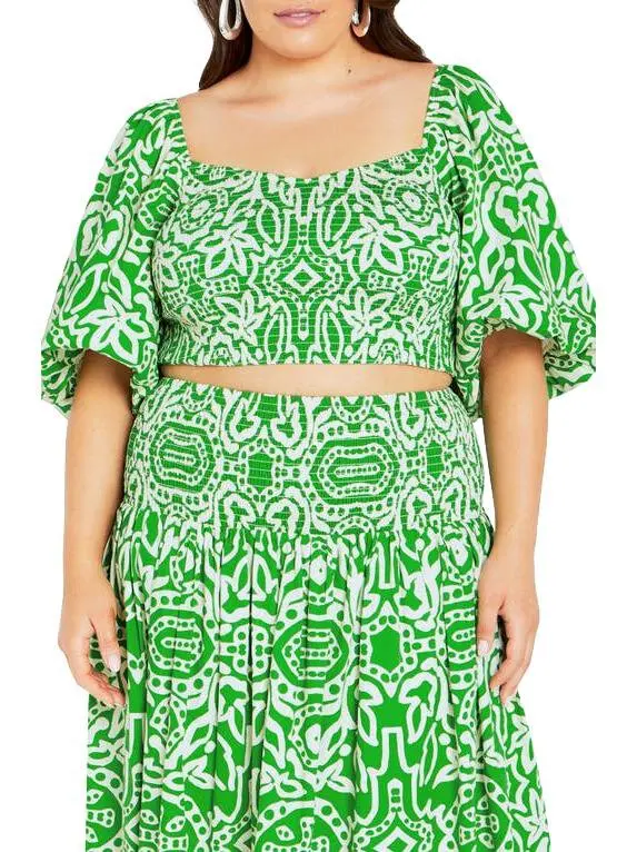 City Chic Hanna Printed Smocked Crop Top - Green Print