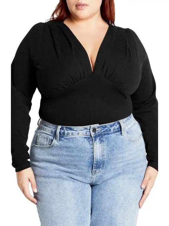 City Chic Amelia Pleated Long Sleeve Bodysuit - Black