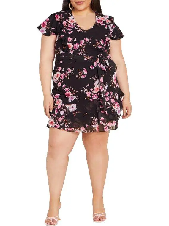 City Chic Floral Tie Waist Mini Dress - Black Bloom