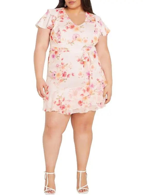 City Chic Floral Tie Waist Mini Dress - Ivory Bloom