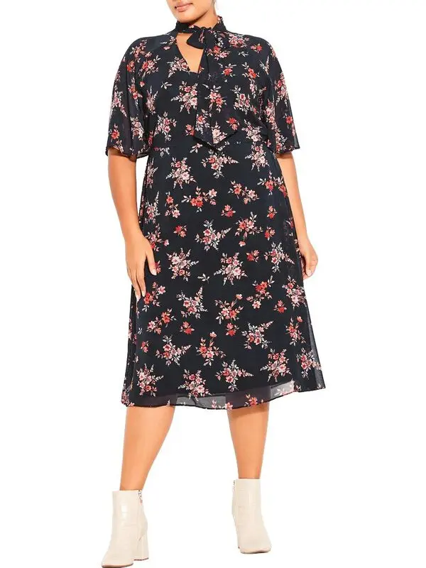 City Chic Floral Tie Neck Midi Dress - Black Print