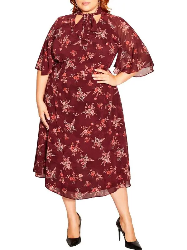 City Chic Floral Tie Neck Midi Dress - Red Print