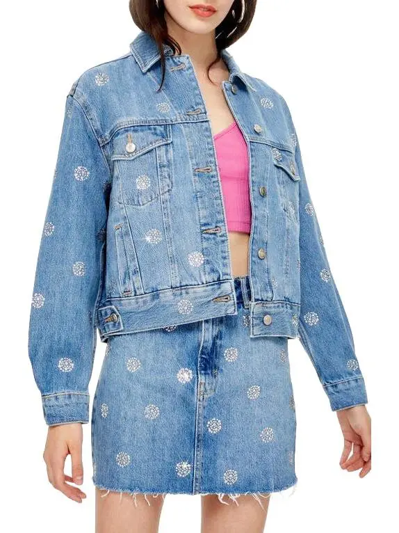 Topshop Diamante Sport Denim Jacket - Mid Denim
