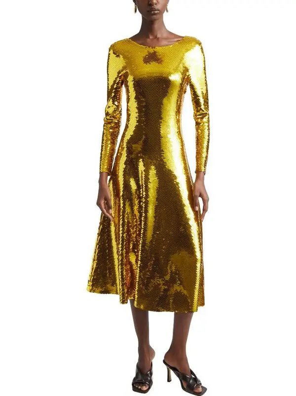 Bottega Veneta Long Sleeve Paillette Cocktail Dress - 8480 Gold