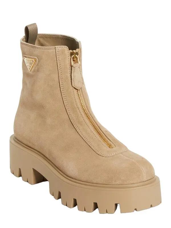 Prada Zip Front Lug Bootie - Deserto