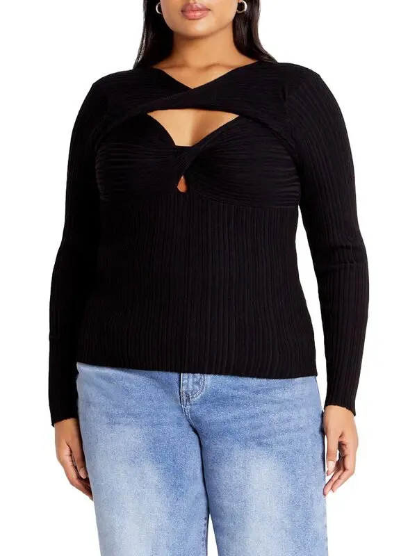 City Chic Tessa Cutout Ribbed Sweater - Black