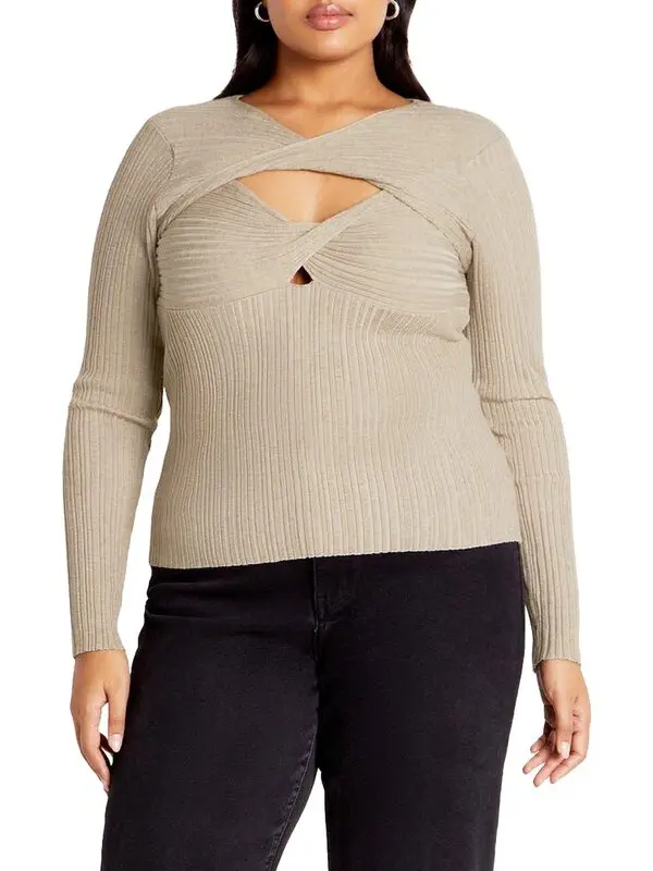 City Chic Tessa Cutout Ribbed Sweater - Cream Marle