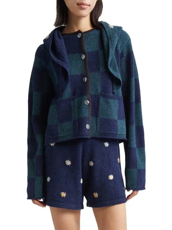 YANYAN Daisy Lambswool Boxy Jacket With Removable Tie Hood - Navy