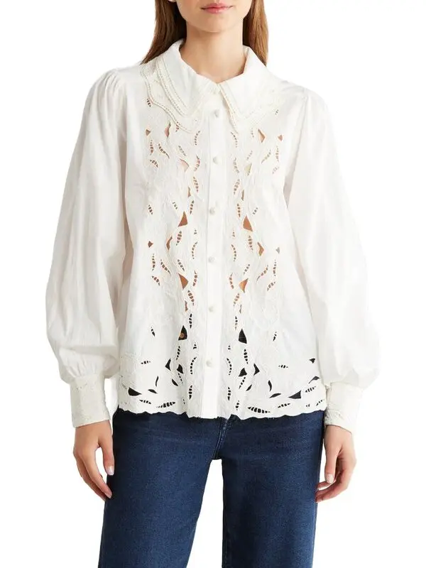 Farm Rio Embroidered Eyelet Puff Sleeve Button-up Shirt - Off-white