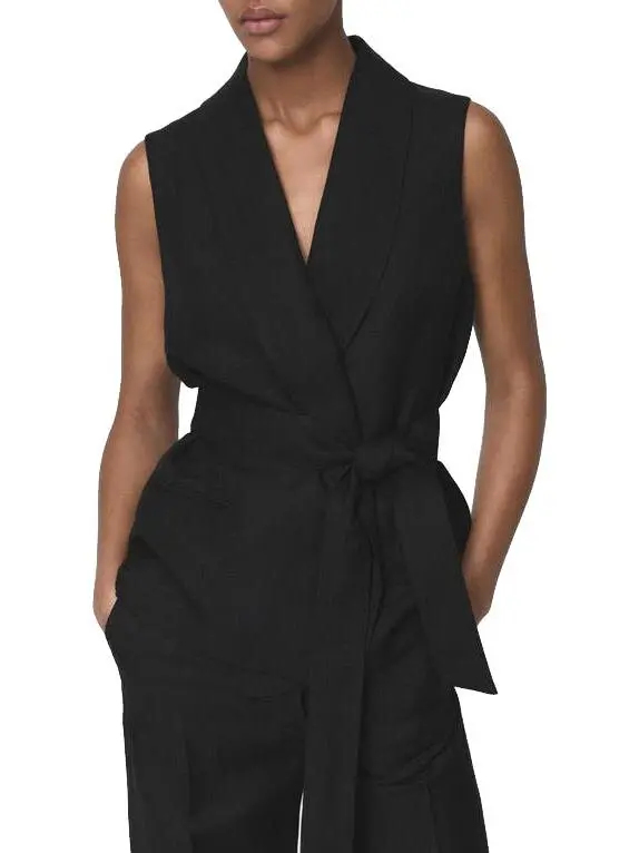 Mango Belted Linen-blend Suit Vest - Black