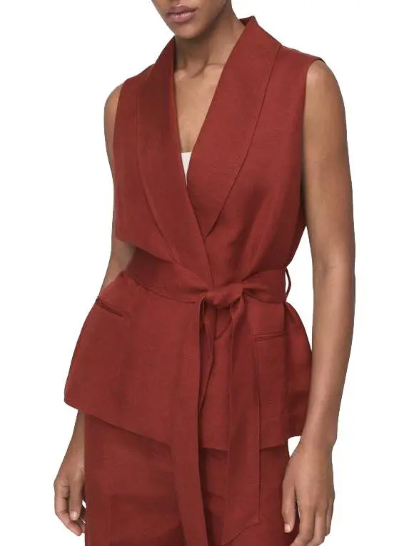 Mango Belted Linen-blend Suit Vest - Copper