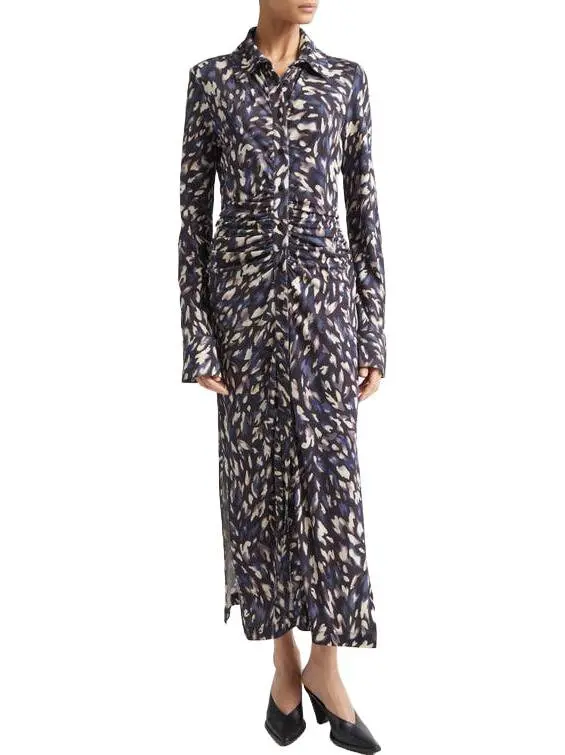 Altuzarra Claudia Print Ruched Long Sleeve Shirtdress - Black Animal