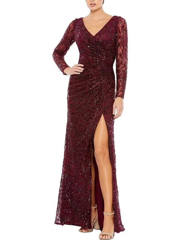 Mac Duggal Long Sleeve Ruched Sequined Gown - Garnet