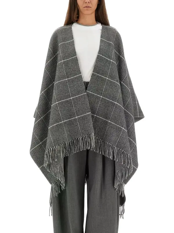 Brunello Cucinelli Check-pattern Cape With Fringe - Grey