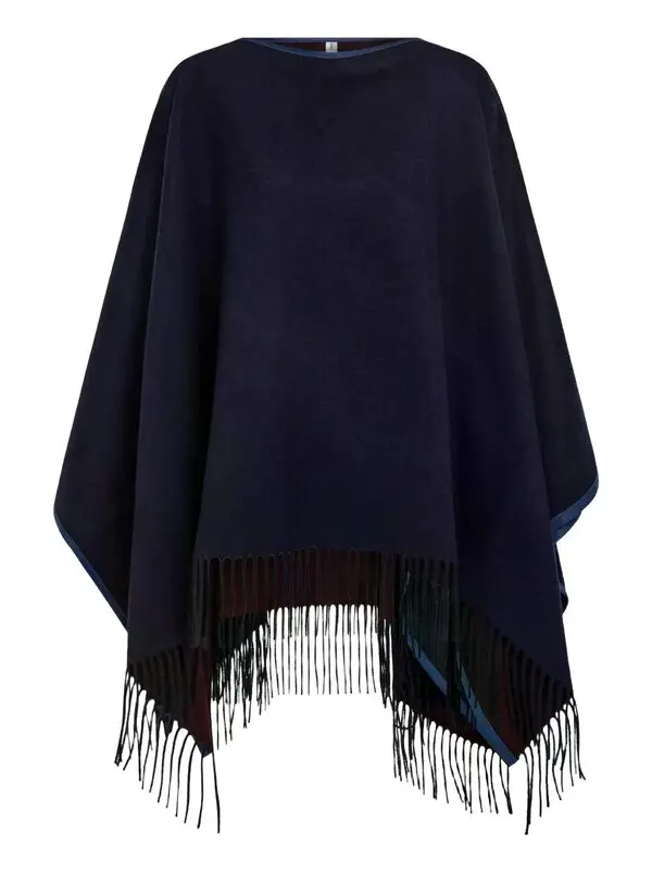 FERRAGAMO Leather Trim Fringed Cashmere Cape - Blue