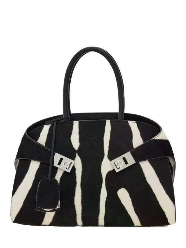 FERRAGAMO Zebra Print Buckle Hug Tote Bag - Black
