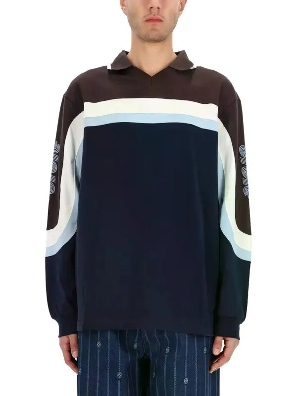Drole De Monsieur Striped Long-sleeves Polo Shirt - Blue