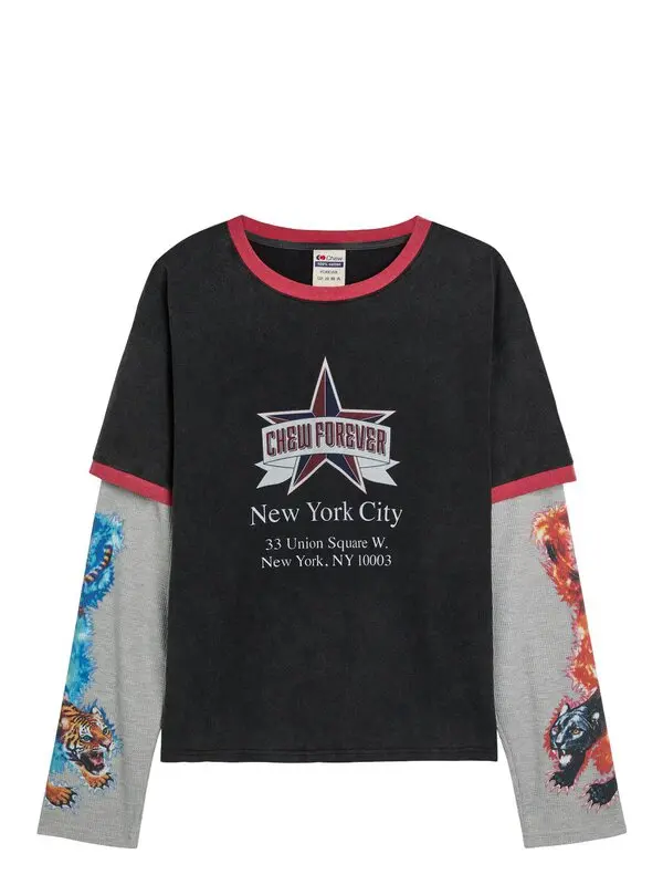 CHEW FOREVER Tommy Ringer Printed Long Sleeve Cotton T-shirt - Black