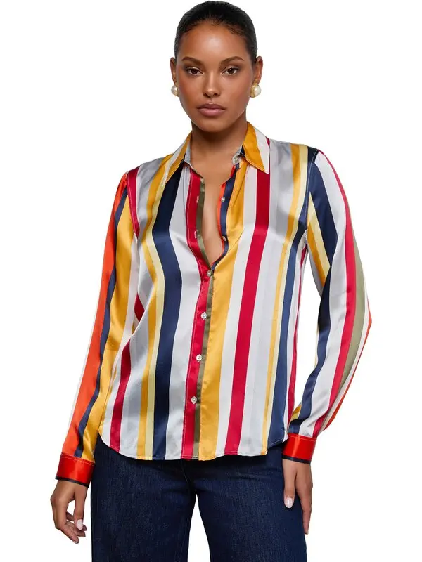 L'Agence Tyler Silk Blouse Top - Multi Bright Stripe