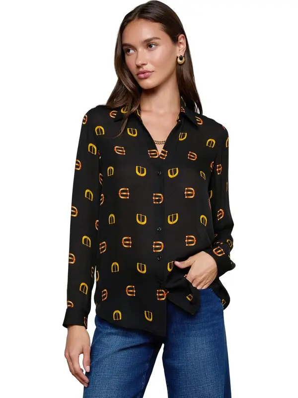 L'Agence Nina Silk Buckle Print Blouse - Black Multi Buckle