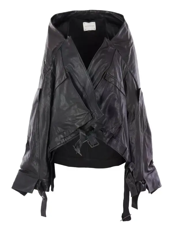 YEHUAFAN Asymmetric-hem Leather Jacket - Black