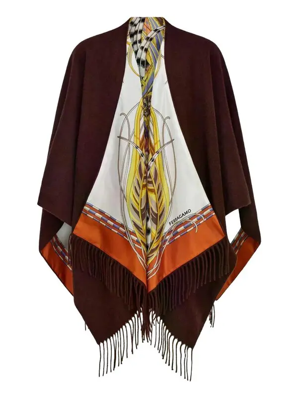 FERRAGAMO Reversible Poncho With Fringed Hem - Brown