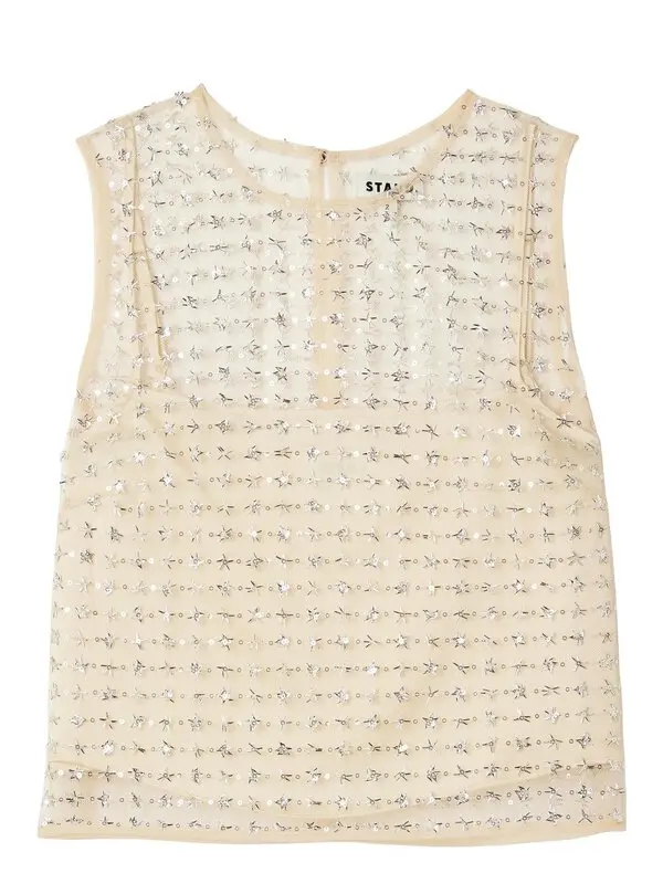 Staud Seraphina Cropped Layered Embellished Tulle Top - Neutrals