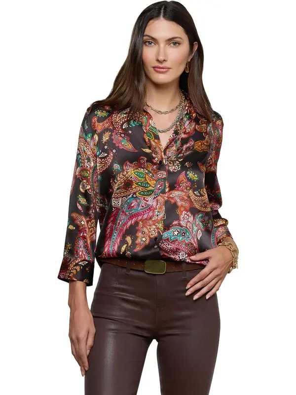 L'Agence Dani Silk Blouse Top - Black Multi Paisley Scroll