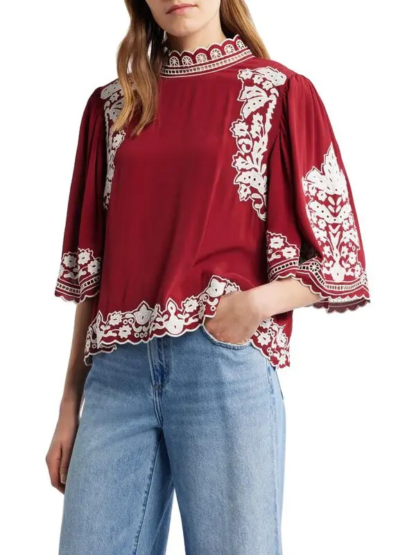 Farm Rio Palm Tree Embroidered Top - Burgundy