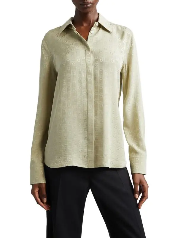 FERRAGAMO Gancini Jacquard Silk Button-up Shirt - Burnt Sage