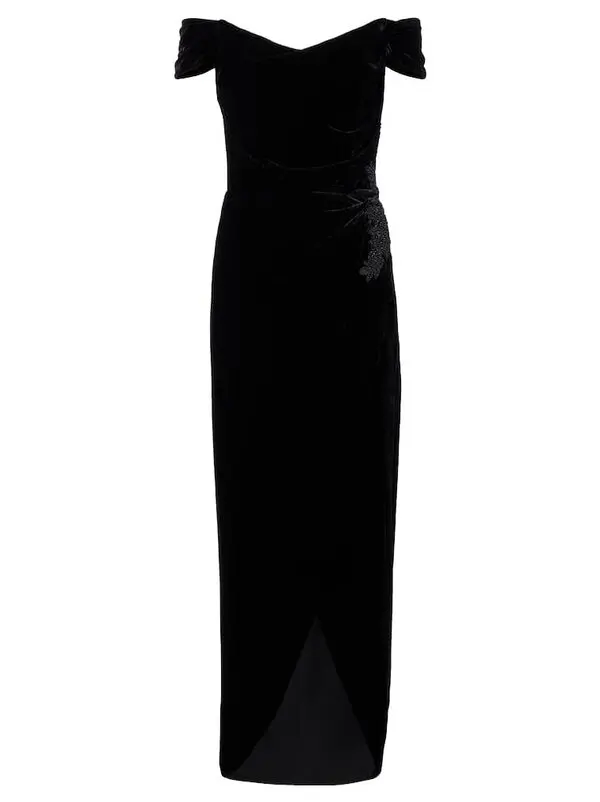 Costarellos Embellished Off-shoulder Velvet Gown - Black