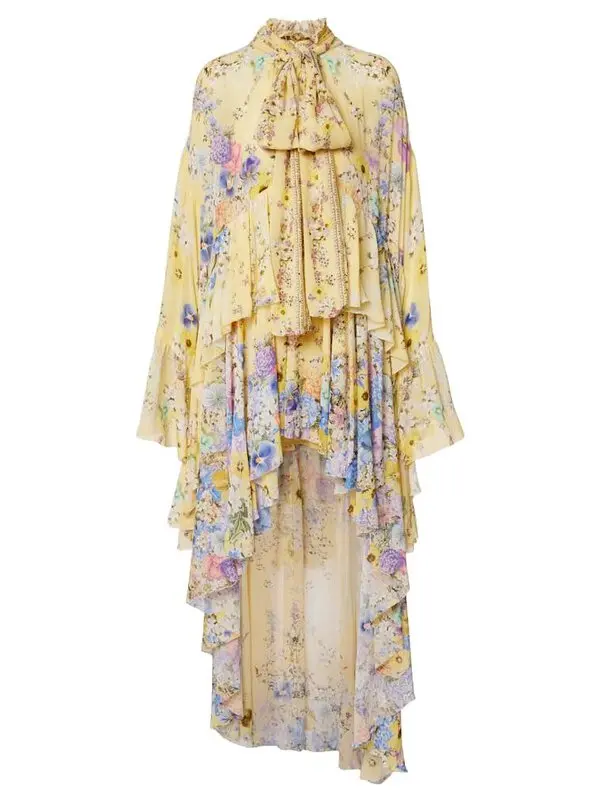 Camilla Embellished Asymmetric Silk Georgette Maxi Dress - Yellow