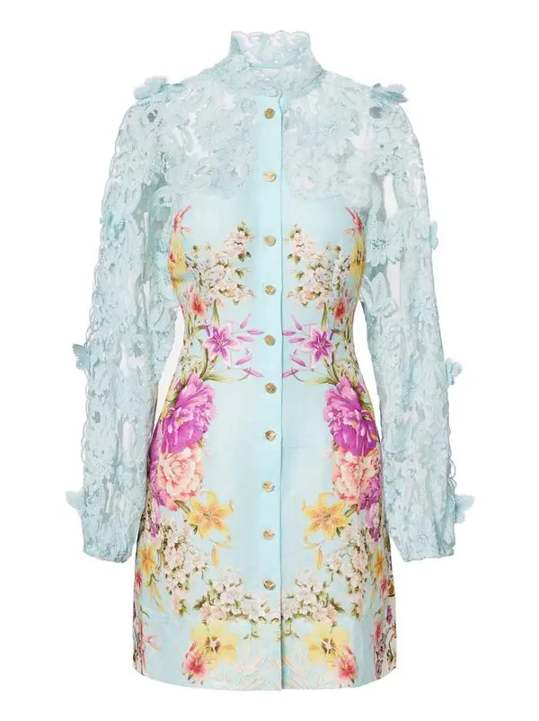 Camilla Embellished Lace-trimmed Linen And Silk Minidress - Blue