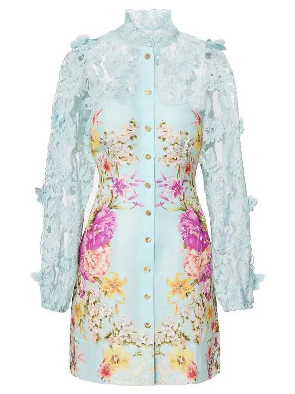Camilla Embellished Lace-trimmed Linen And Silk Minidress - Blue